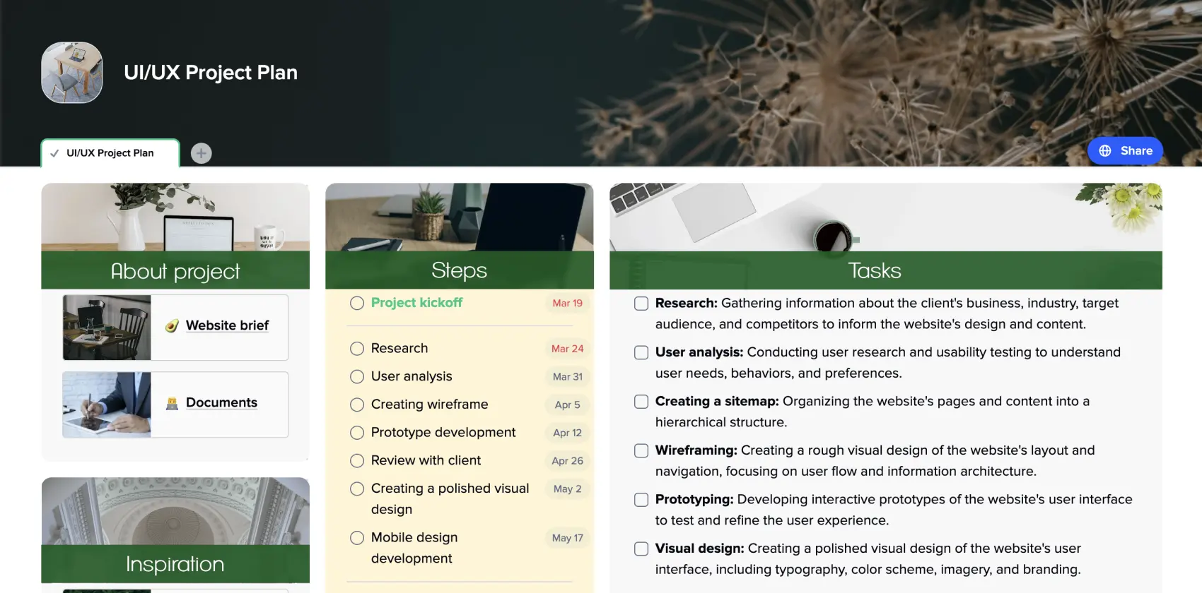 UI / UX Project Plan Template online for free 📓 xTiles